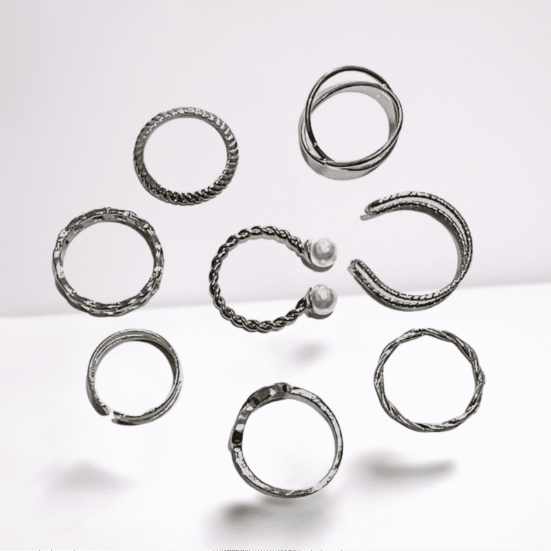 8 Piece Silver Rings Set with Pearl Accent - Glam and Co
